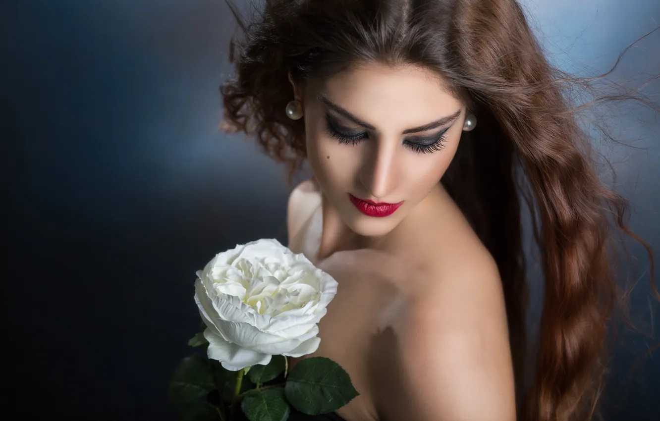 Wallpaper flower, girl, face, eyelashes, the dark background, rose ...