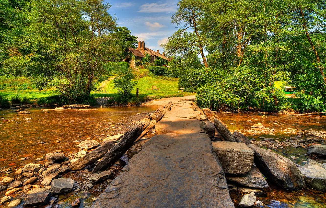 Wallpaper the sky, clouds, trees, lake, house, stones, Exmoor, Exmoor ...
