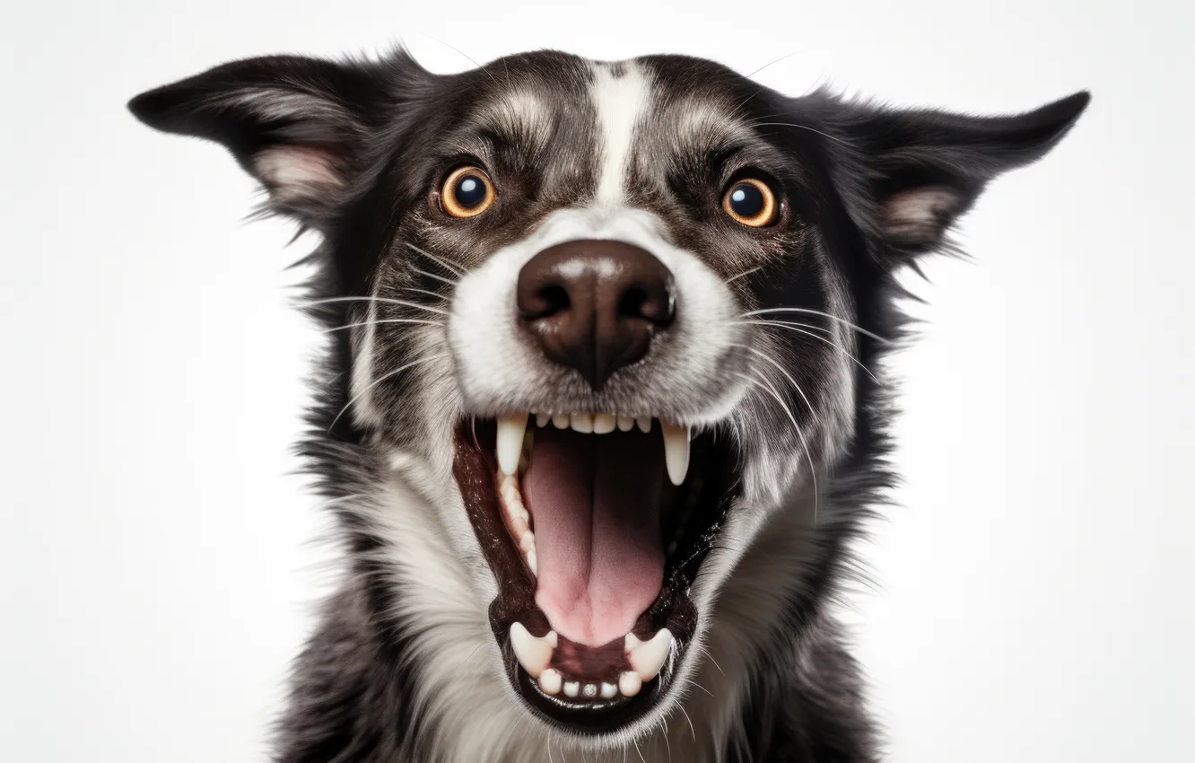 Wallpaper look, face, dog, fangs, grin, light background, closeup, AI ...