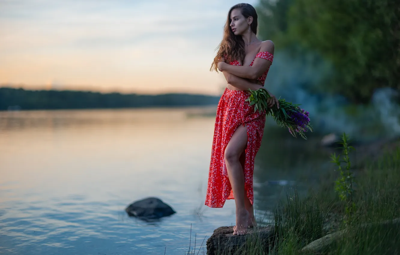 Wallpaper girl, flowers, pose, river, mood, hands, legs, long hair for mobile and desktop ...