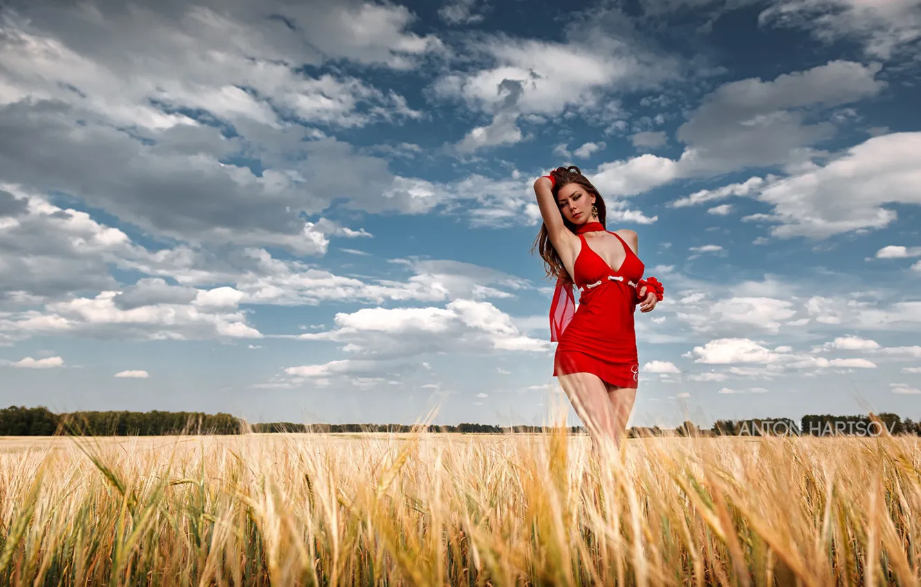 Wallpaper Field The Sky Clouds Landscape Sexy Pose Model
