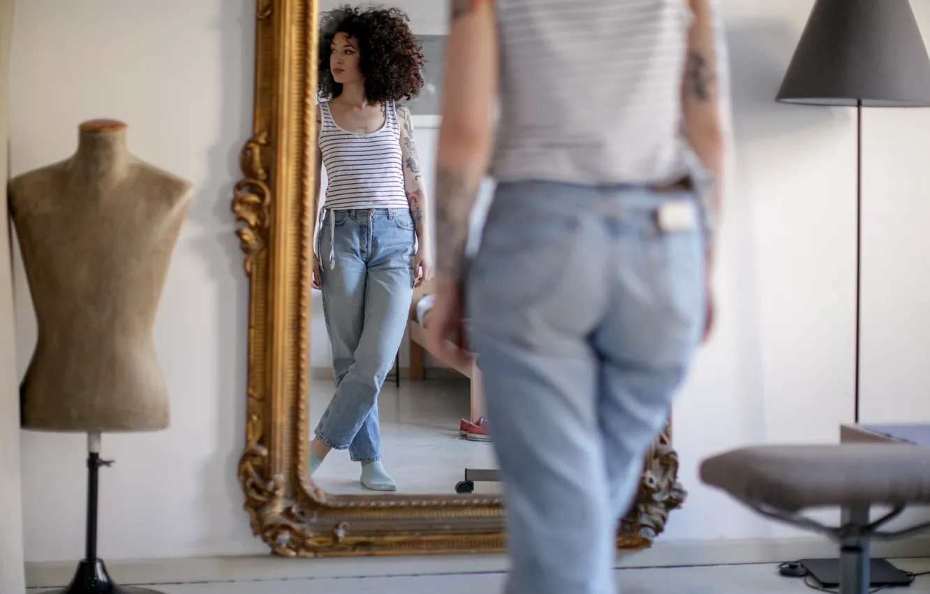 Wallpaper girl, reflection, hair, jeans, mirror, tattoo, tattoos ...