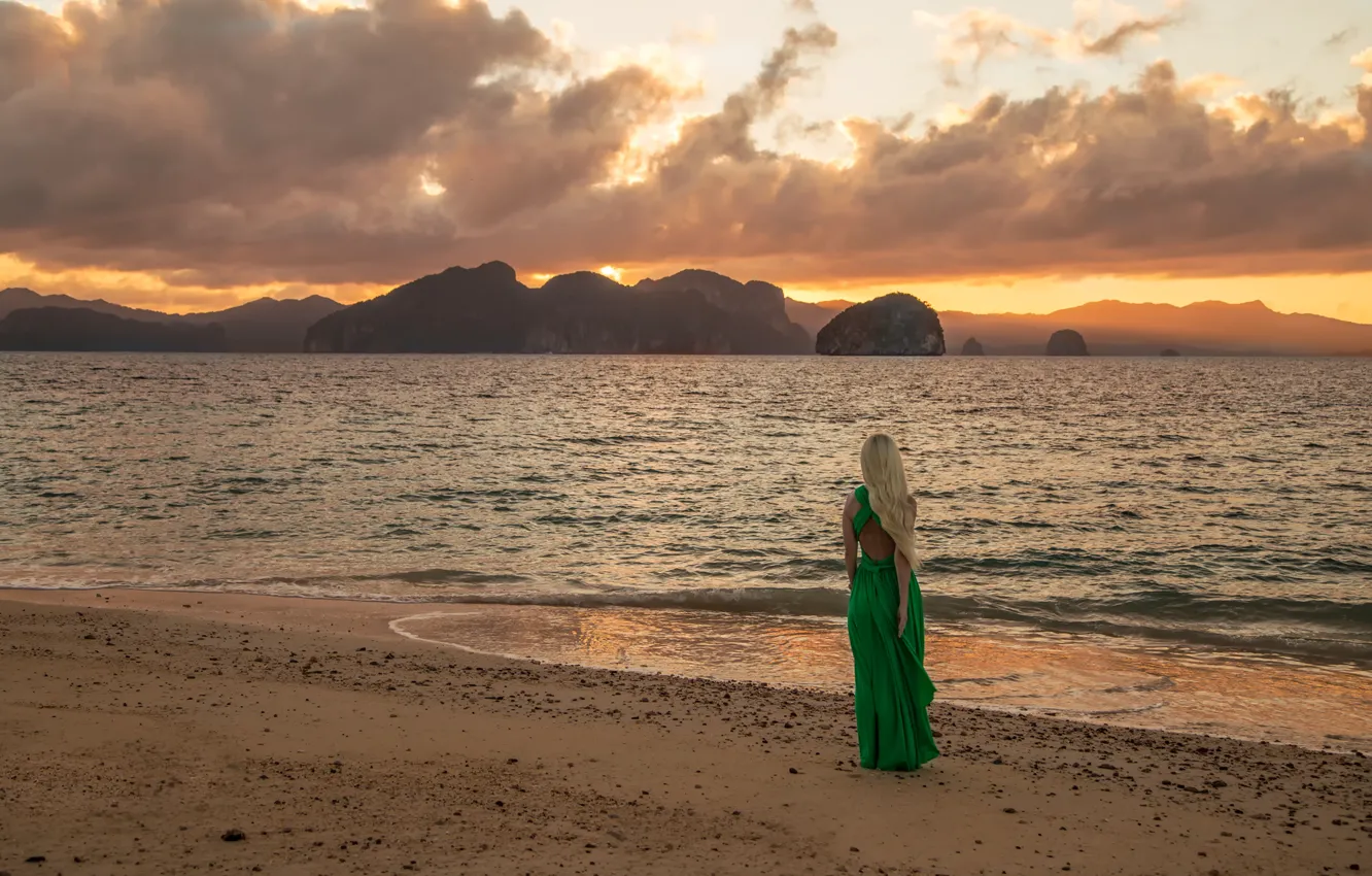 Wallpaper beach, girl, sunset, shore, Inese Stoner for mobile and ...