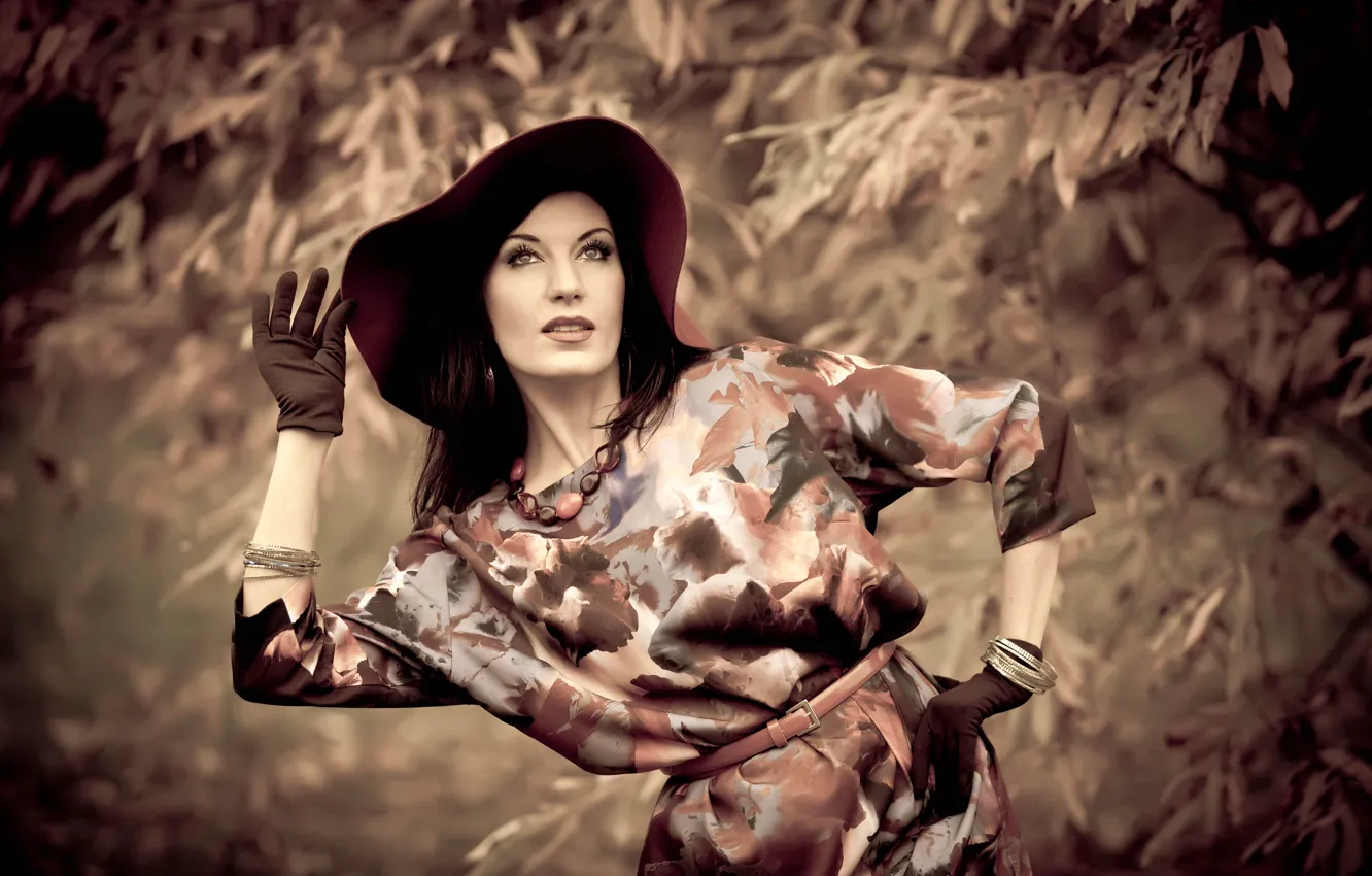 Wallpaper Look Girl Nature Pose Hat Dress Brunette Gloves Images