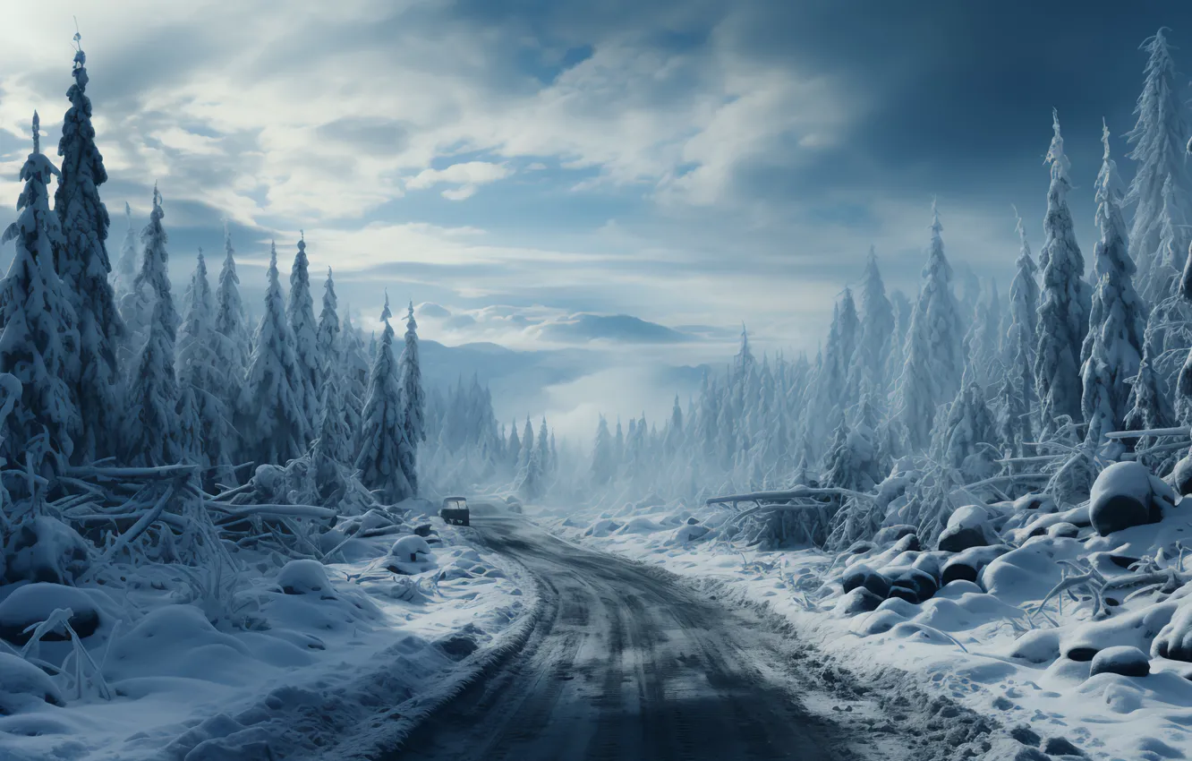 Wallpaper winter, frost, road, machine, forest, the sky, clouds, snow ...