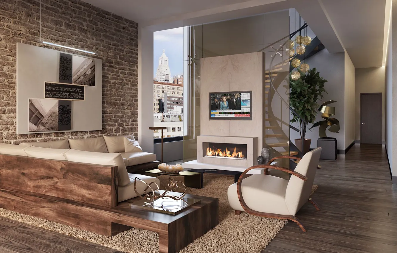 Wallpaper style, interior, megapolis, ladder, two levels, by Smith ...