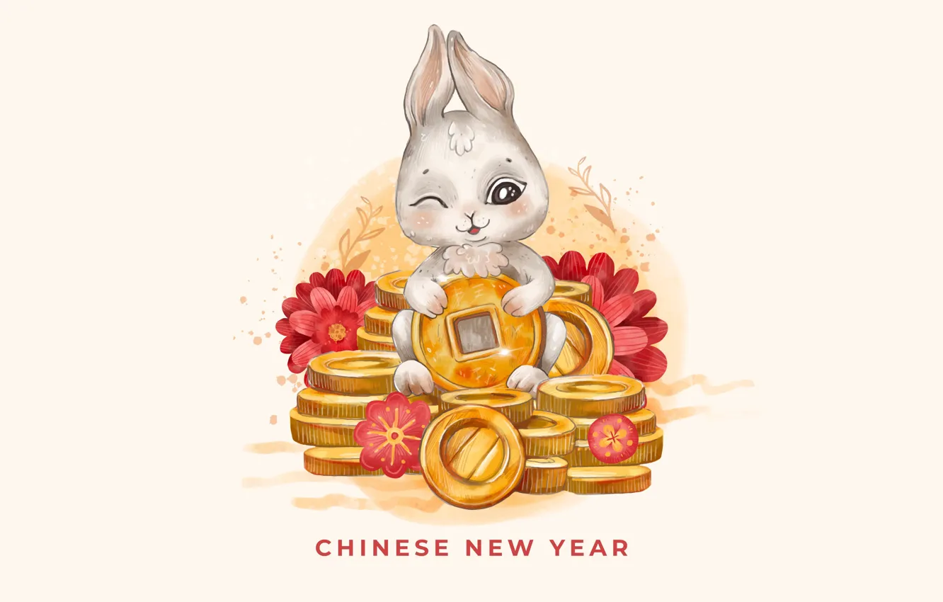 Wallpaper gold, money, rabbit, Christmas, New year, coins, light ...