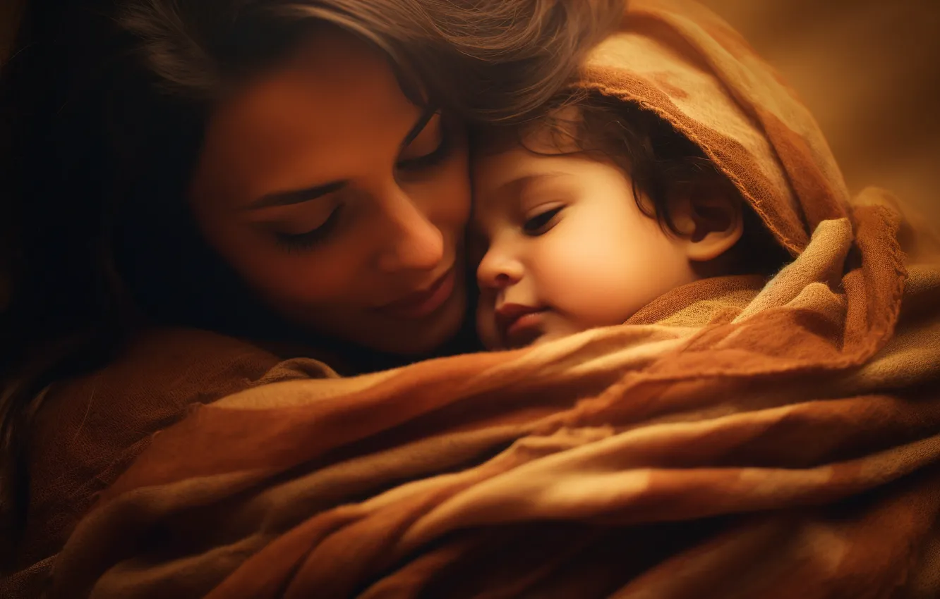 Wallpaper children, baby, hugs, fabric, weasel, mom, mother, digital ...
