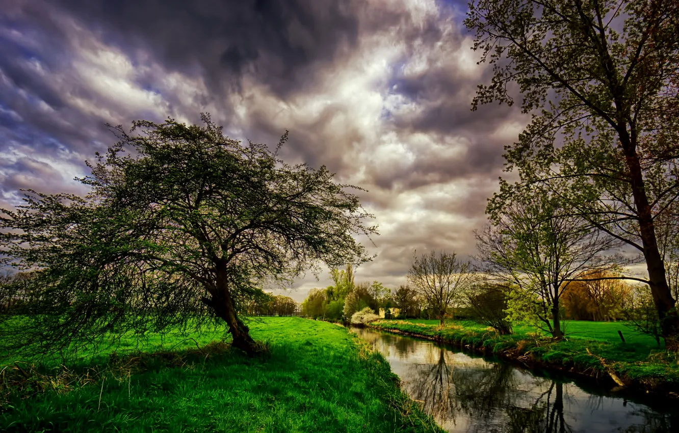 Wallpaper clouds, trees, landscape, river, stream, channel for mobile ...