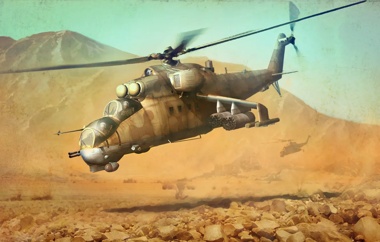 Wallpaper mountains, figure, pair, helicopter, Crocodile, Hind, shock ...