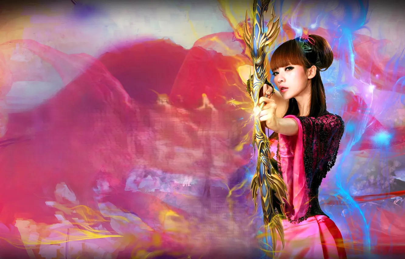 Wallpaper girl, abstraction, bow, Archer, Asian, arrows, Red Cliff for ...