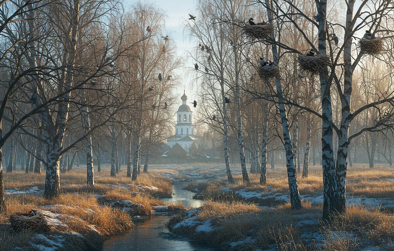 Wallpaper stream, spring, Church, birch, wallpaper, brook, spring ...