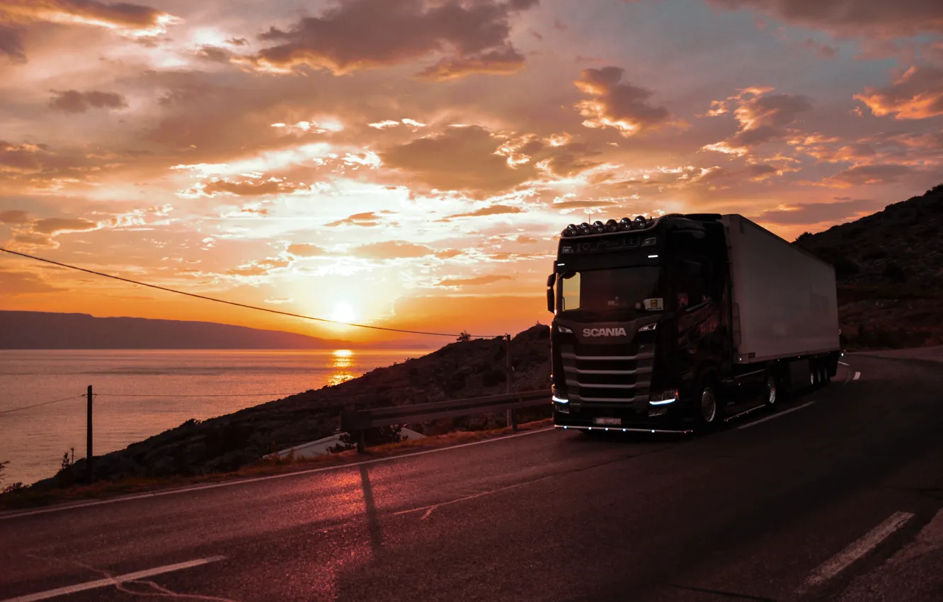 Wallpaper sea, landscape, water, clouds, street, truck, Scania, Sun ...