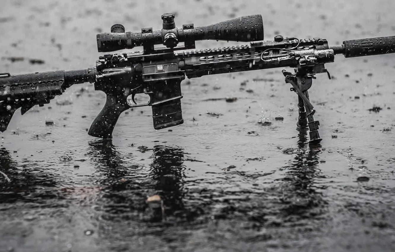 Wallpaper wet, rain, water, assault rifle, tripod, telescopic sight for ...