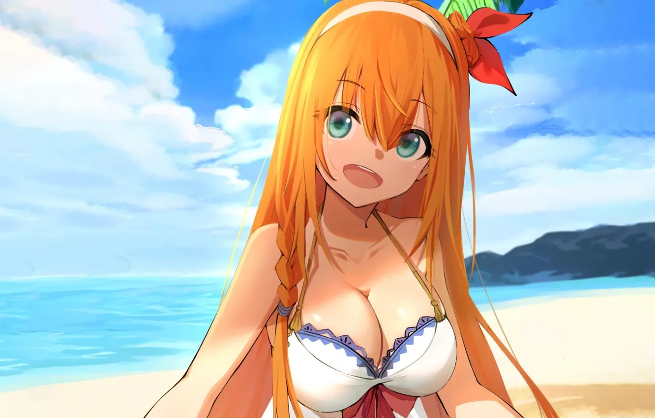 Wallpaper girl, sexy, cleavage, beach, blouse, green eyes, long hair, sea for mobile and desktop ...