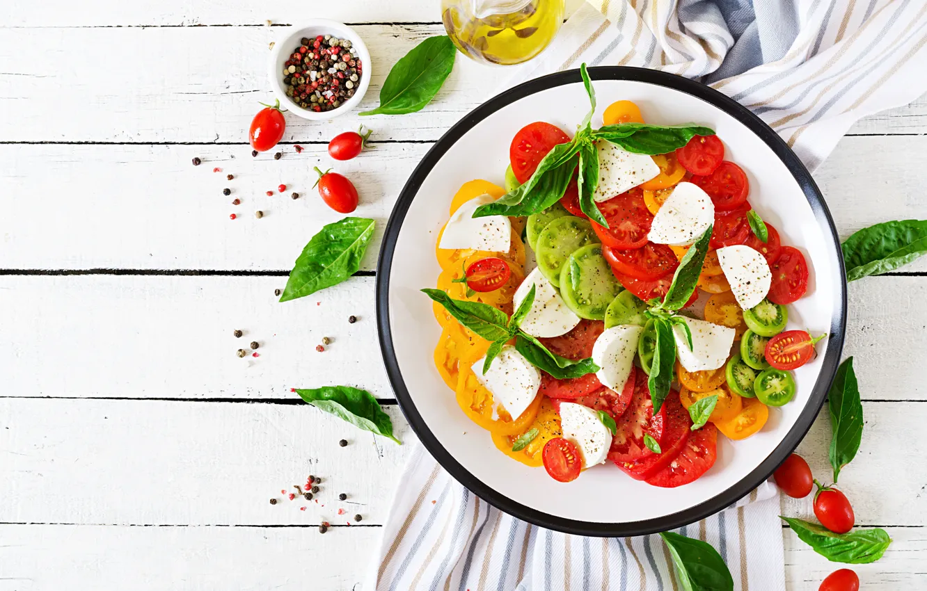 Wallpaper tomatoes, salad, spices, Mozzarella cheese for mobile and desktop, section еда ...