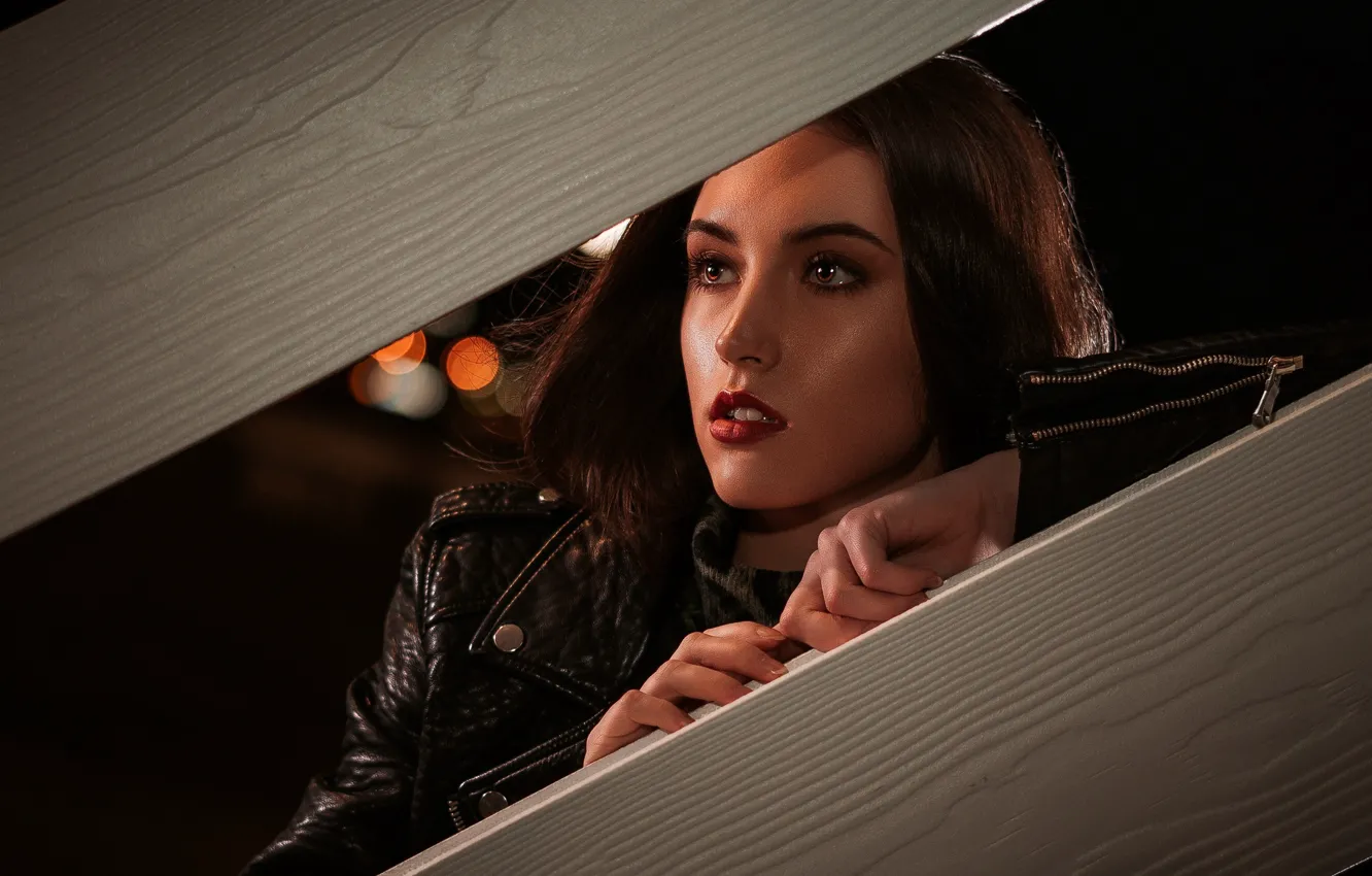 Wallpaper night, model, women, bokeh, face, brunette, black jacket ...