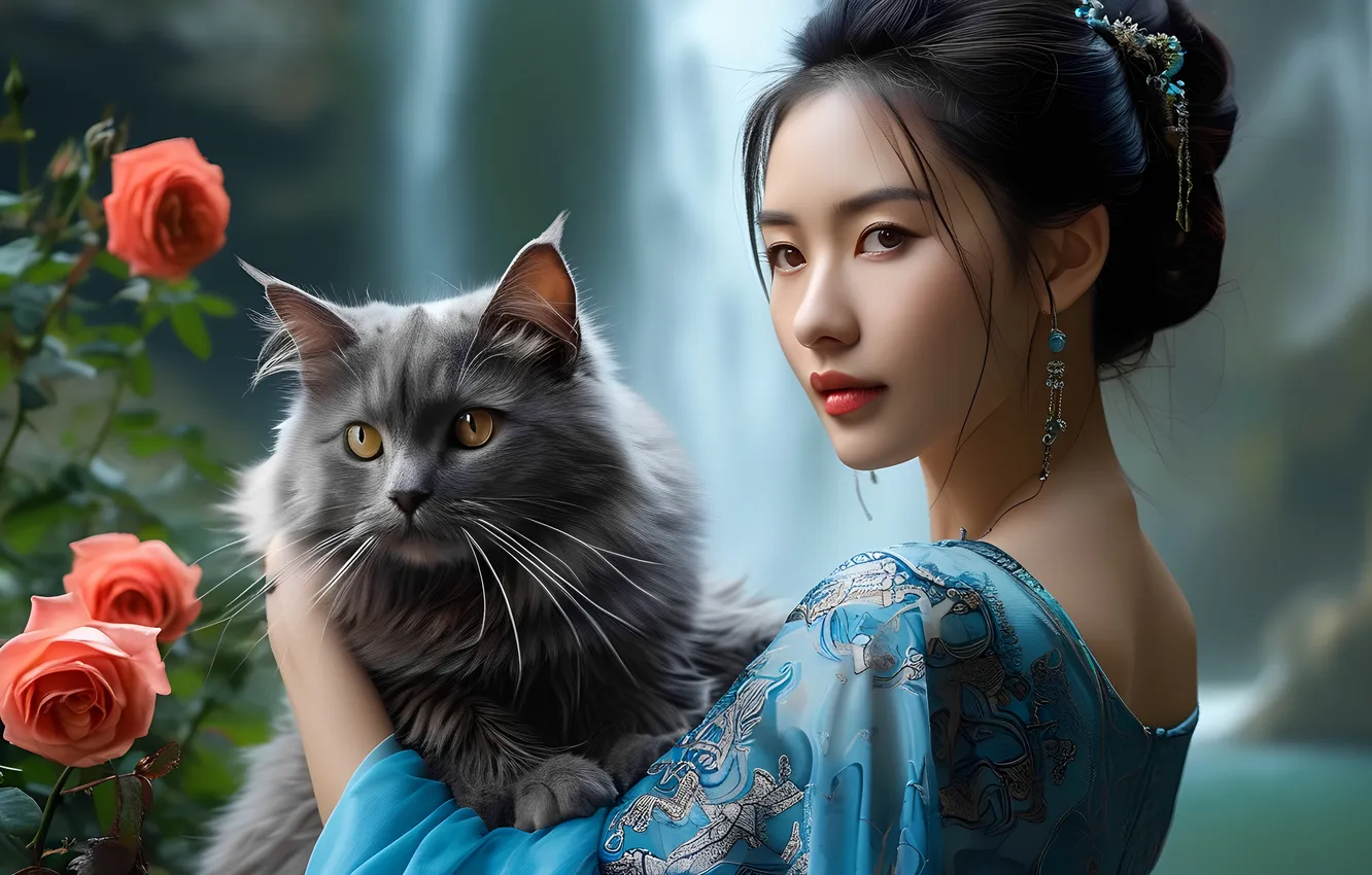 Wallpaper cat, waterfall, roses, Chinese, Asian for mobile and desktop ...