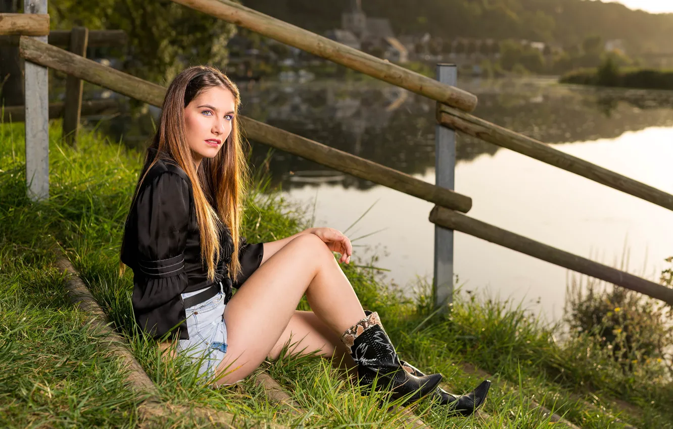 Wallpaper grass, look, landscape, pose, river, model, skirt, portrait ...