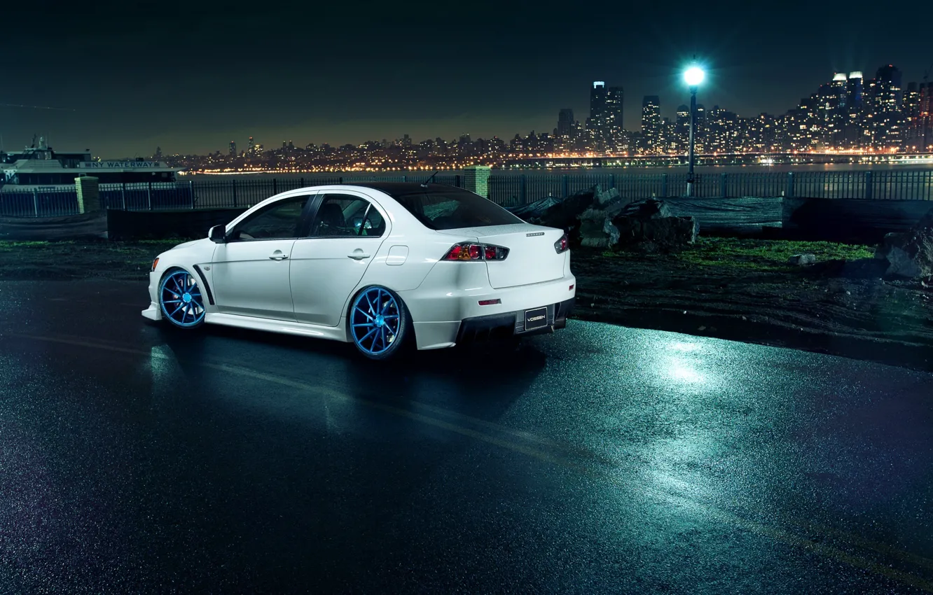 Wallpaper white, night, the city, lantern, Mitsubishi, Lancer, white ...