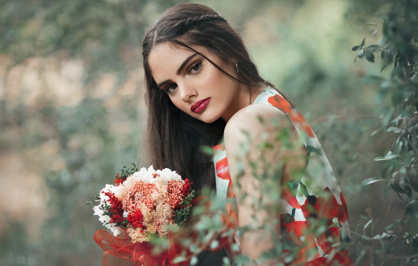 Wallpaper Look Girl Flowers Portrait Bouquet Makeup Bokeh Rosa