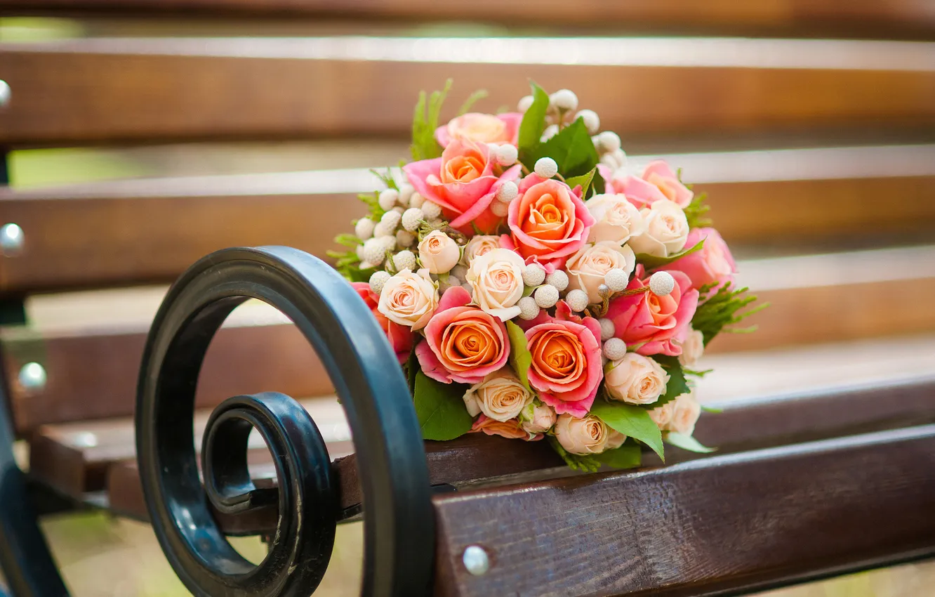 Wallpaper flowers, bench, roses, bouquet, shop, orange, cream, armrest ...