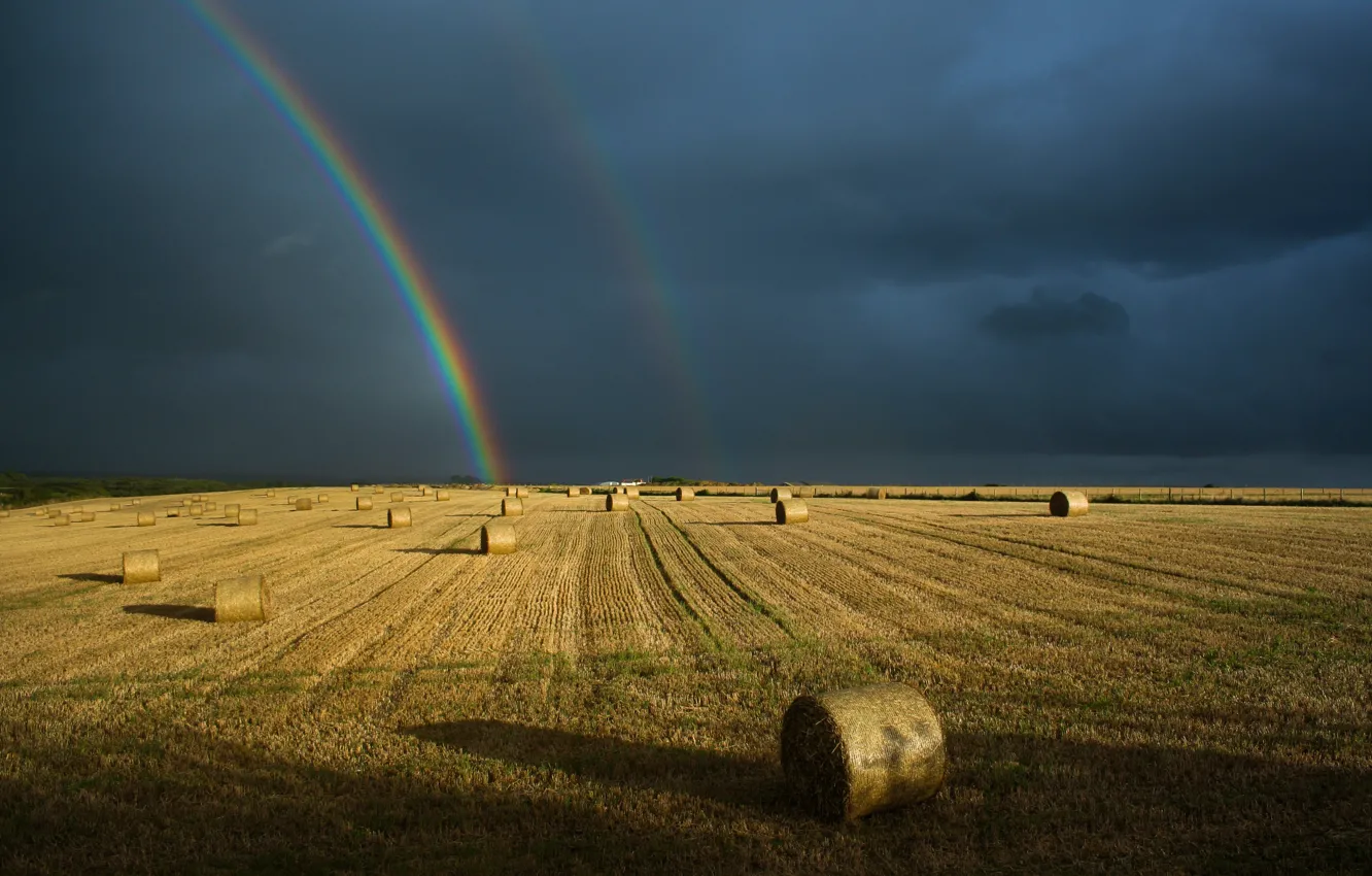 Wallpaper field, the sky, light, clouds, shadow, rainbow, hay, bales ...
