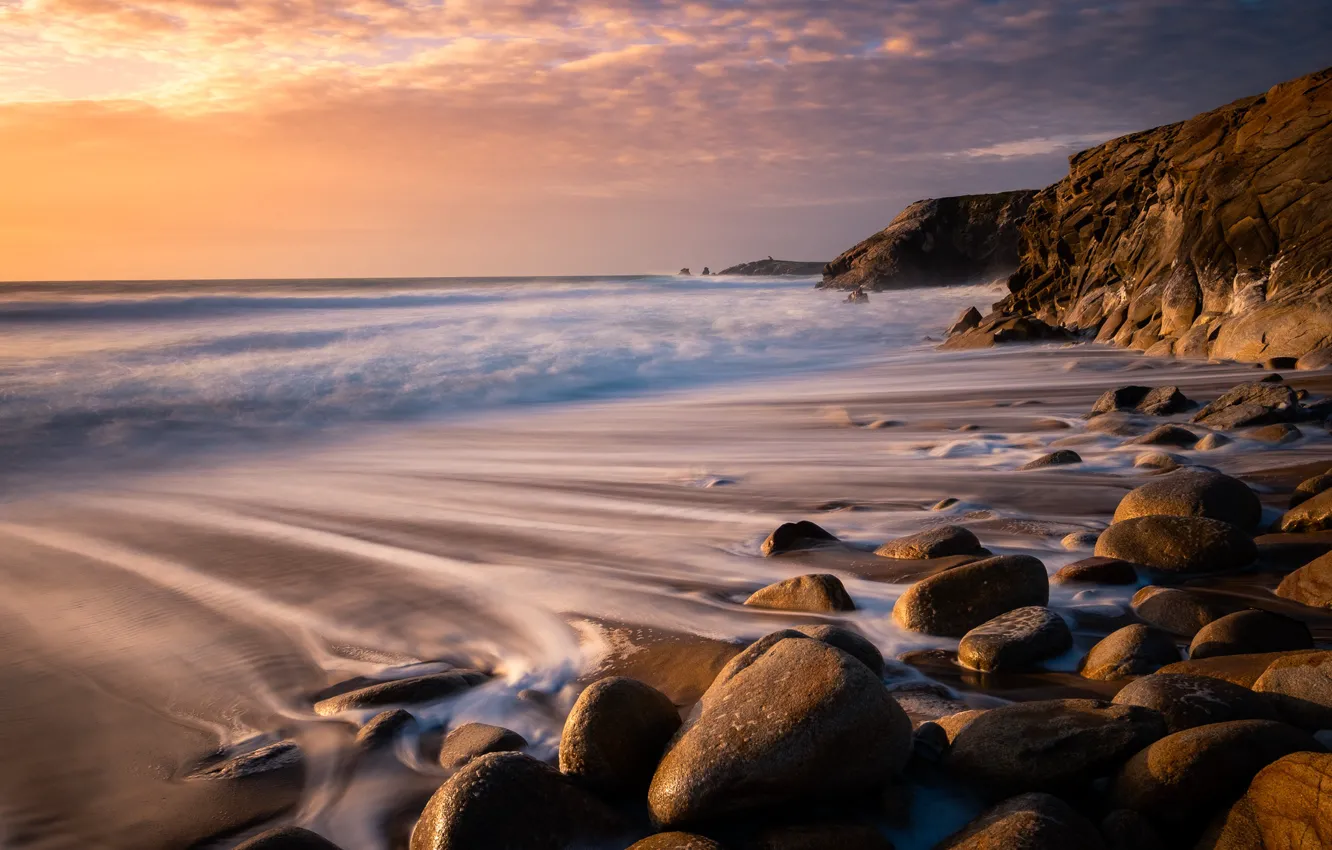 Wallpaper landscape, sunset, nature, stones, the ocean, shore, France ...