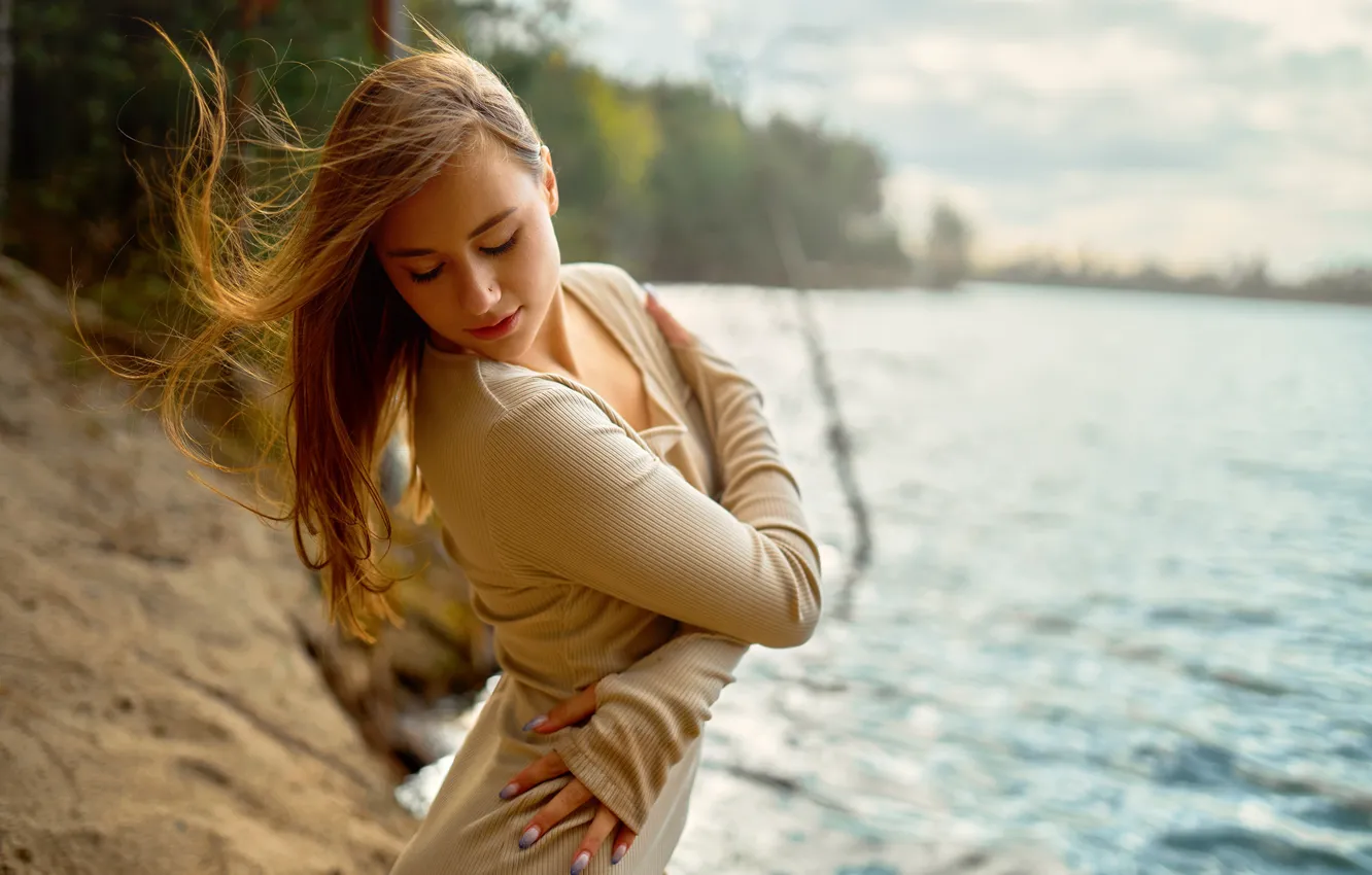 Wallpaper the sun, landscape, pose, river, model, portrait, hands ...