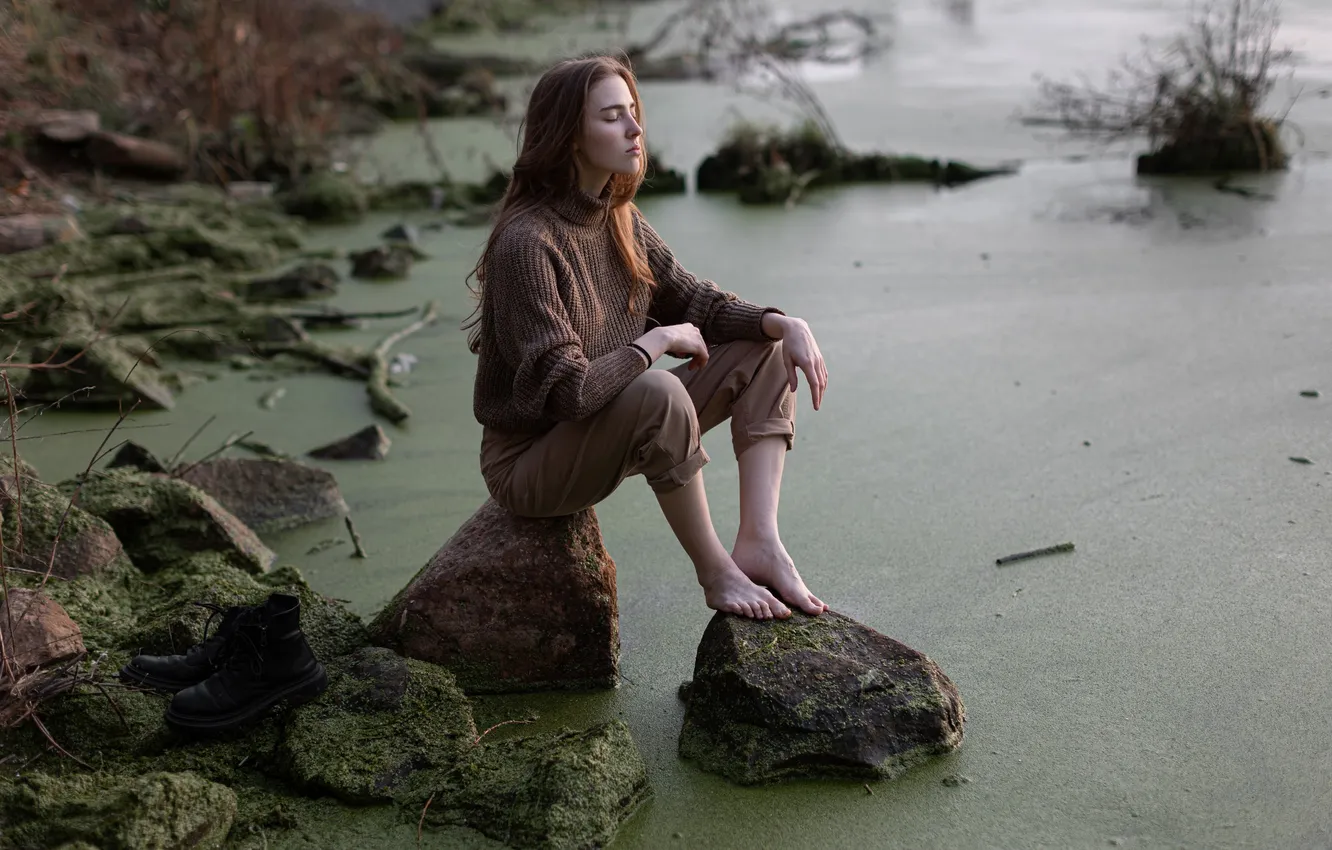 Wallpaper girl, river, stones, model, focus, Andrey Frolov for mobile ...