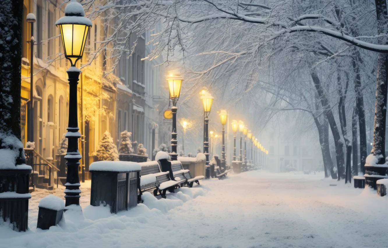 Wallpaper winter, snow, night, Park, street, lights, alley, night for mobile and desktop ...