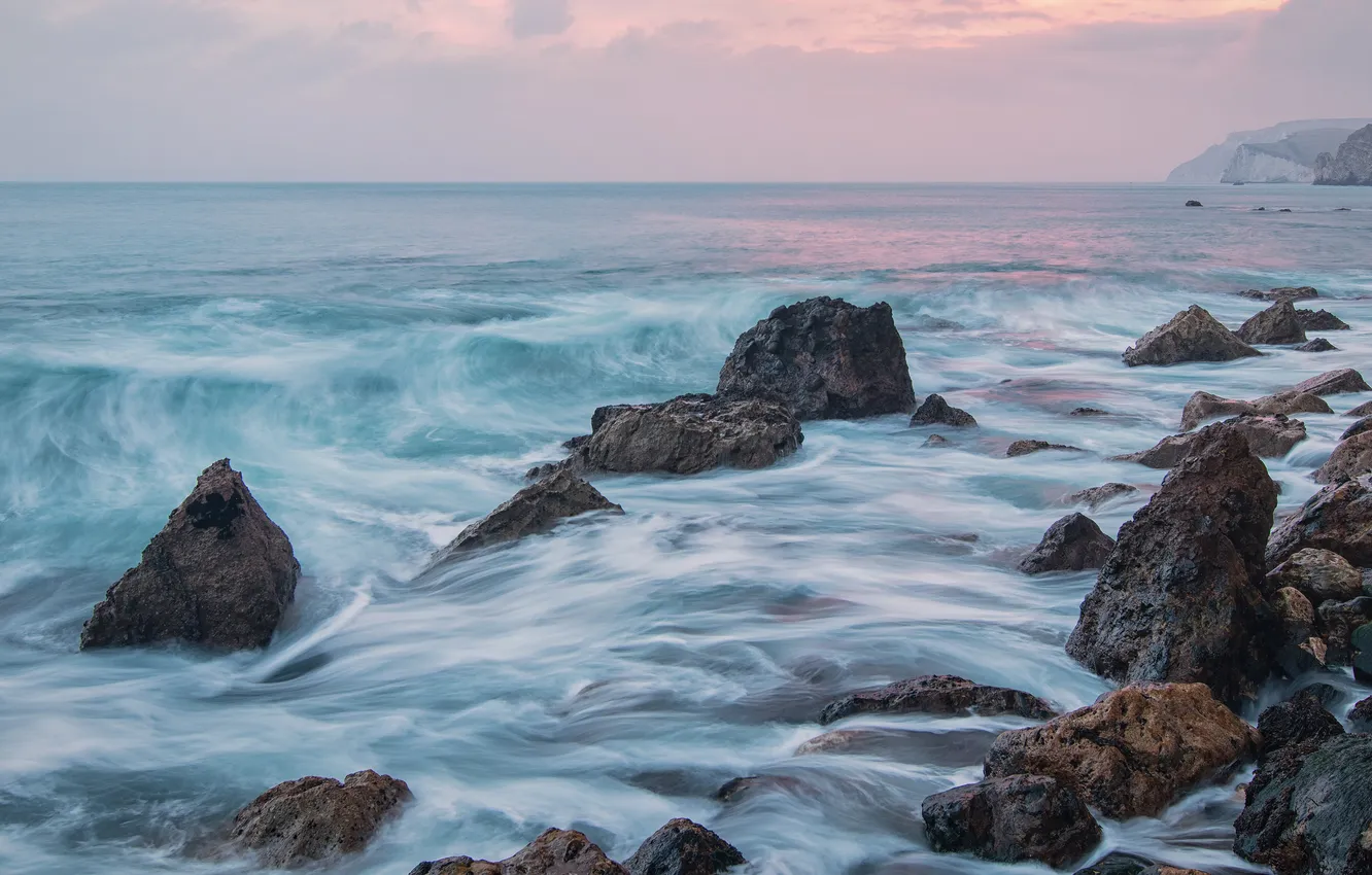 Wallpaper sea, wave, stones, rocks, shore, morning, surf for mobile and ...