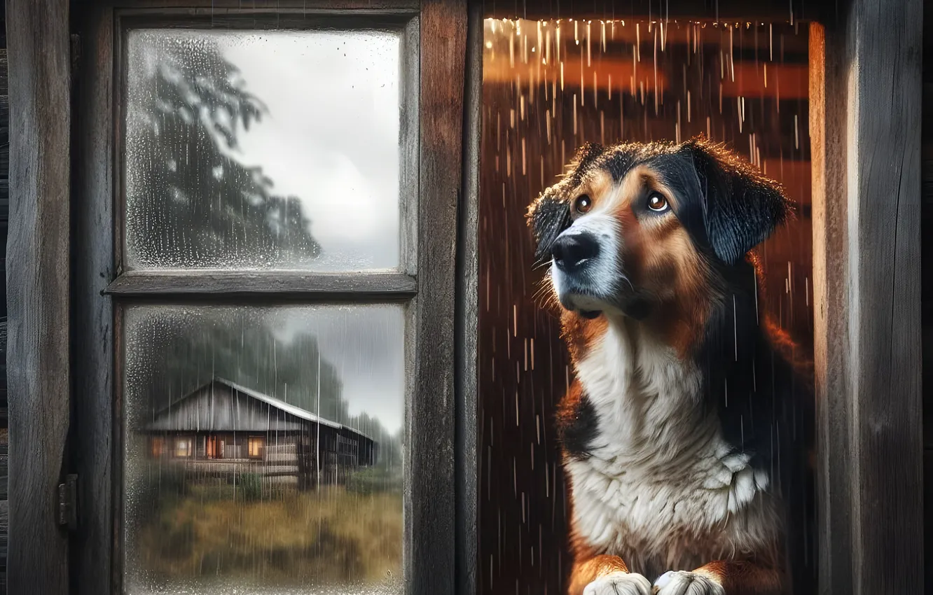 Wallpaper drops, house, rain, frame, dog, window, face, AI art for ...