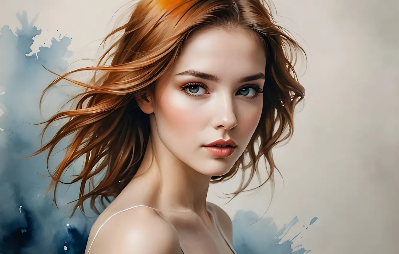 Wallpaper look, girl, face, pose, portrait, light background, redhead, imitation painting for ...