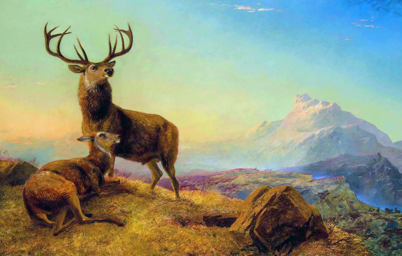 Wallpaper Mountains, Picture, Two, Deer, British artist, Robert Henry ...