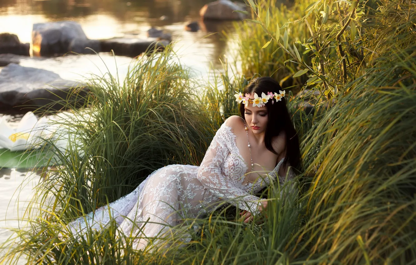 Wallpaper girl, nature, pose, river, figure, beautiful, wreath, Irina ...