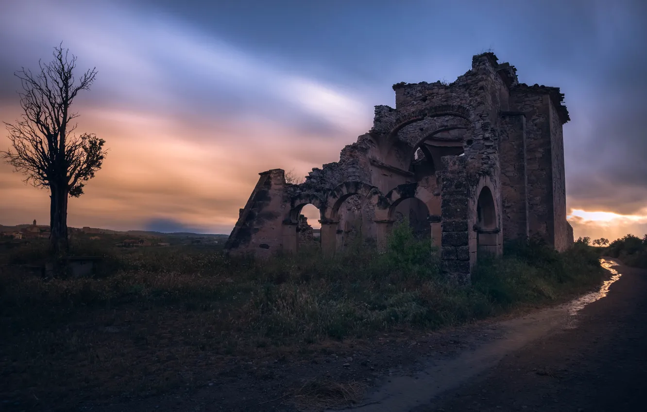 Wallpaper road, trees, sunset, old, castle, the evening, ruins ...