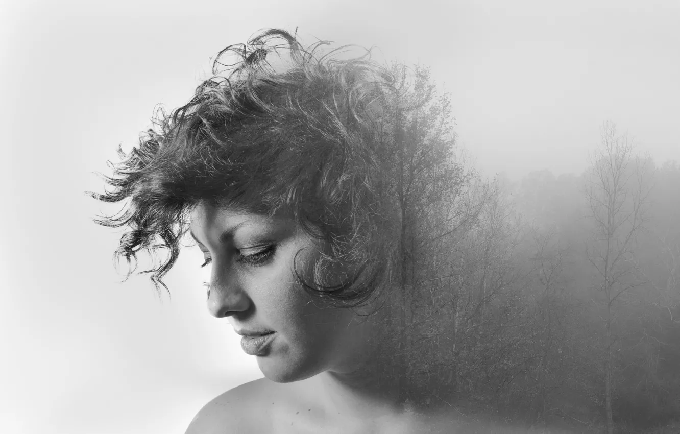 Wallpaper girl, trees, fog, hair, mist, double exposure for mobile and ...