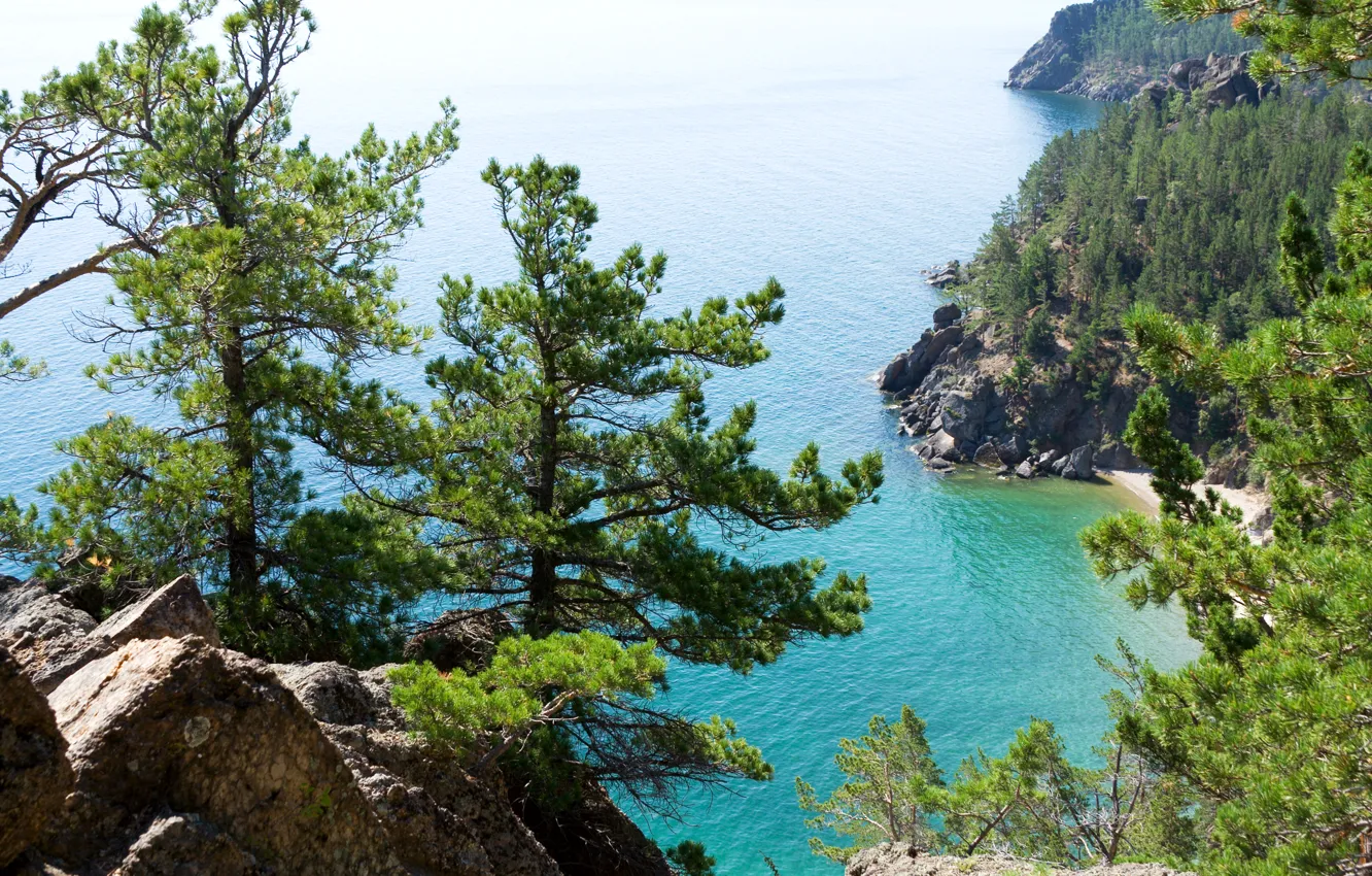 Wallpaper trees, lake, stones, shore, Baikal, cliffs, the view from the ...