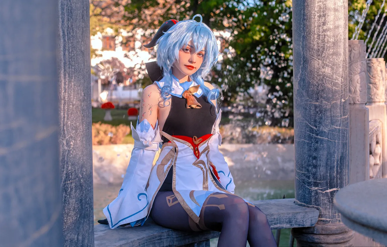 Wallpaper bench, costume, outfit, columns, image, blue hair, cosplay ...