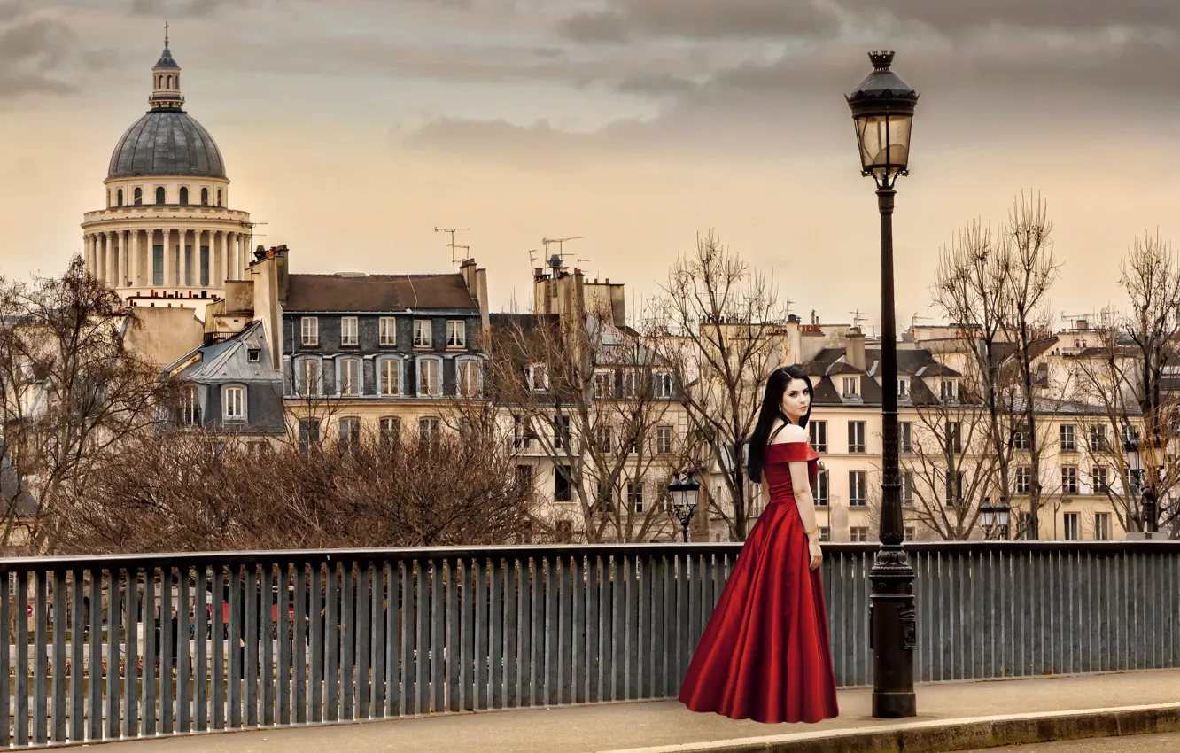 Wallpaper girl, Paris, brunette, lights, Paris, red dress, promenade ...