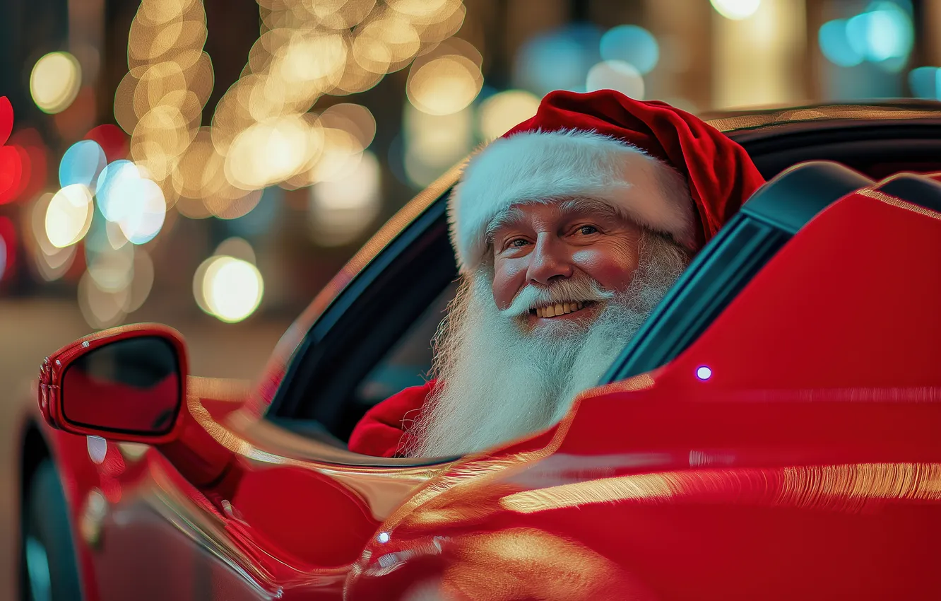 Wallpaper Santa Claus, red car, Sports car for mobile and desktop ...