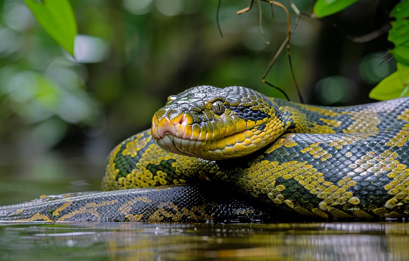 Wallpaper look, leaves, water, branches, nature, green, snake, Python ...