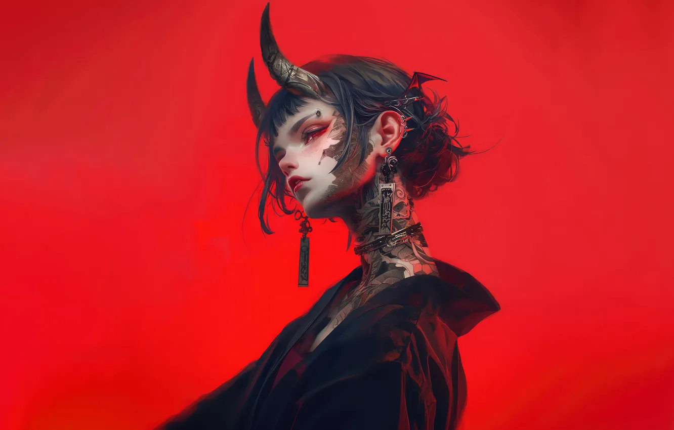 Wallpaper demon, girl, devil, anime, tattoo, red background, horn ...