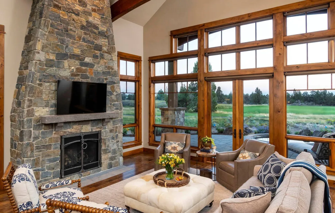 Wallpaper design, interior, living room, country house, stone fireplace ...