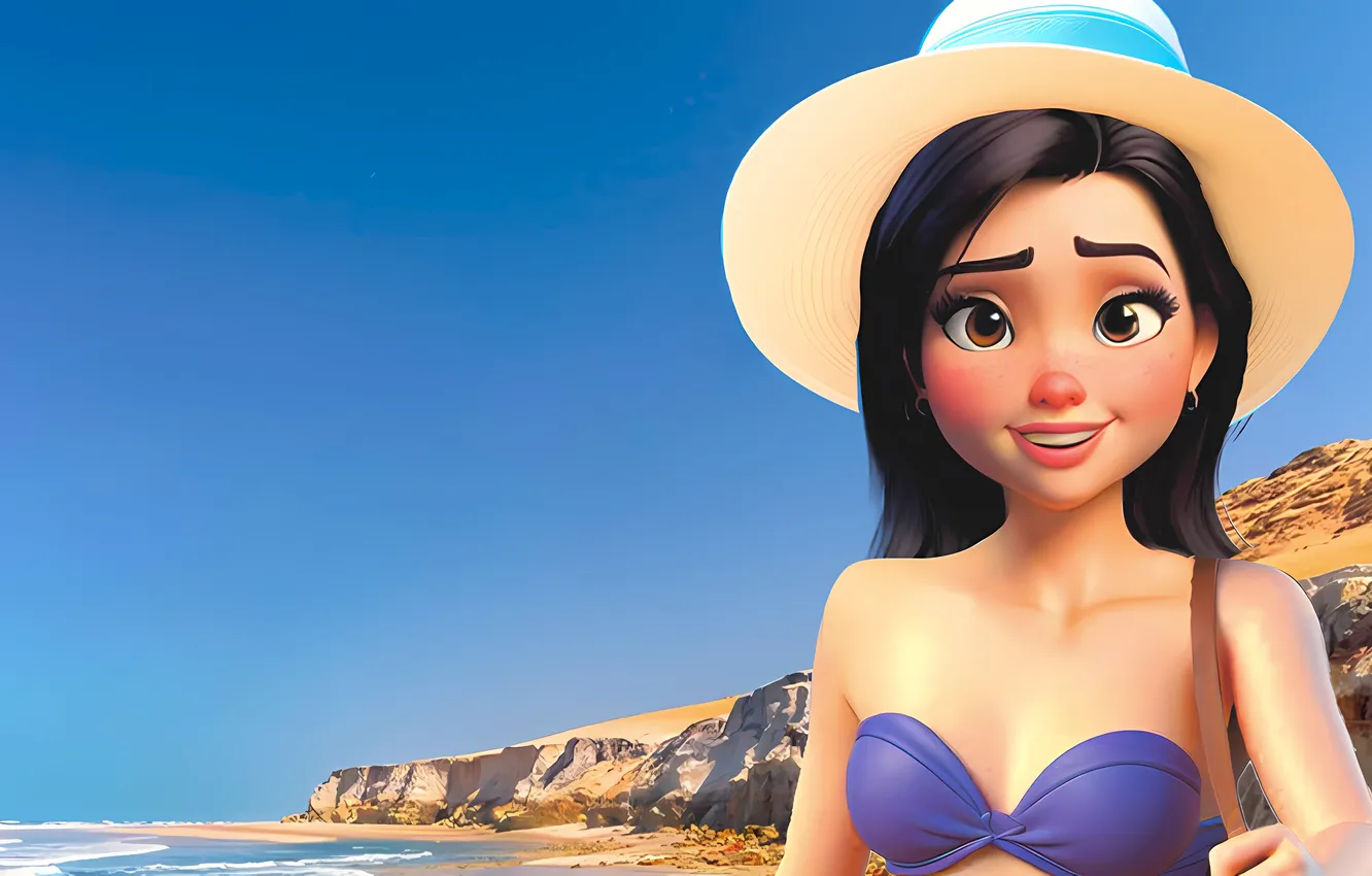 Wallpaper girl, sexy, cleavage, beach, long hair, sea, hat, brown eyes for mobile and desktop ...