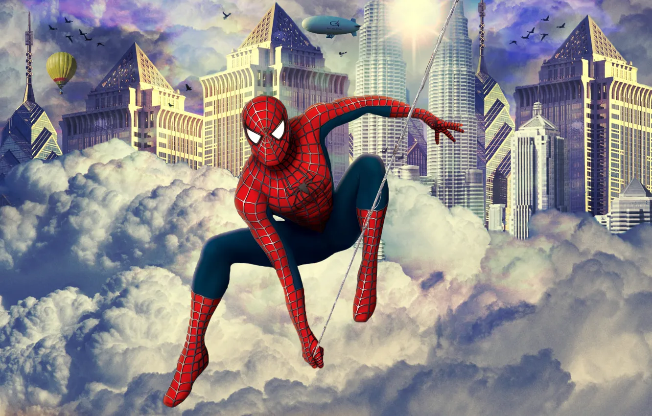 Wallpaper clouds, birds, balloon, the airship, spider-man, spider man ...