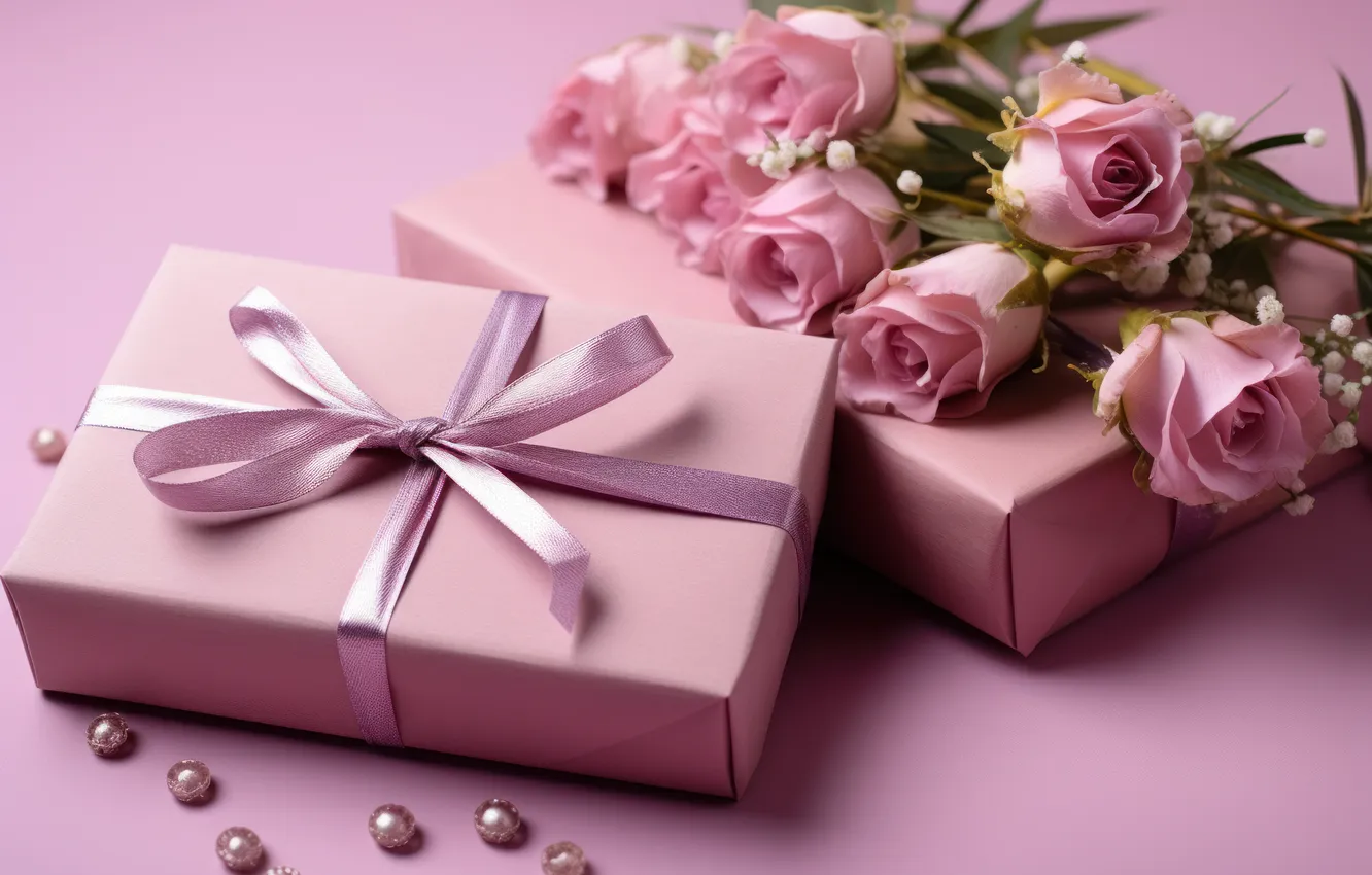 Wallpaper flowers, gift, roses, bouquet, pink, bow, gift boxes, AI art ...