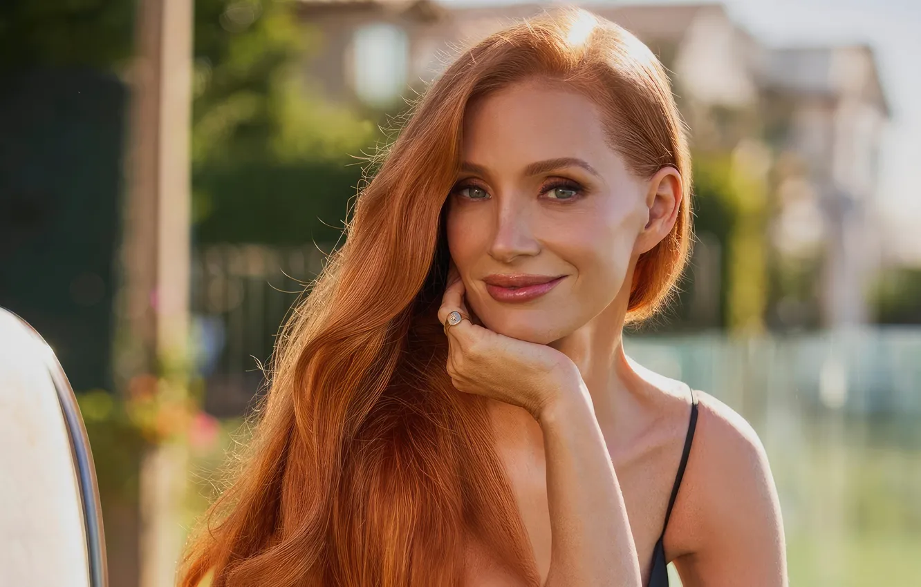 Wallpaper look, girl, smile, hair, actress, red, Jessica Chastain ...