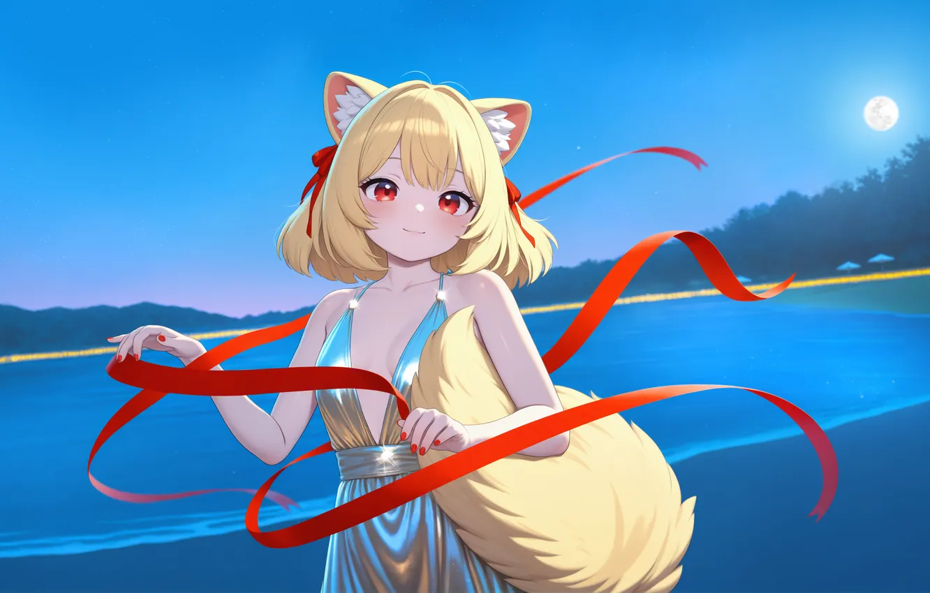 Wallpaper beach, girl, night, lake, the moon, anime, cloth, VRChat for ...